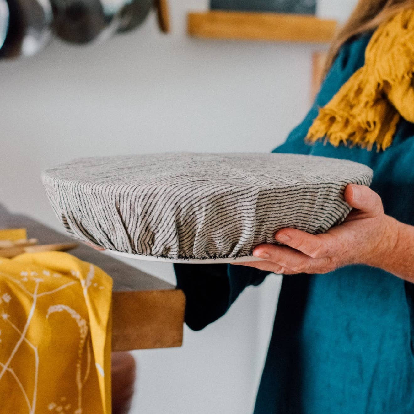 Linen Reusable Large Bowl Cover -Striped | Muse Agora